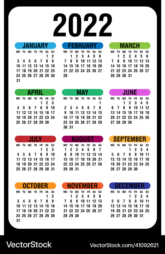 Calendar 2022 week starts on monday Royalty Free Vector