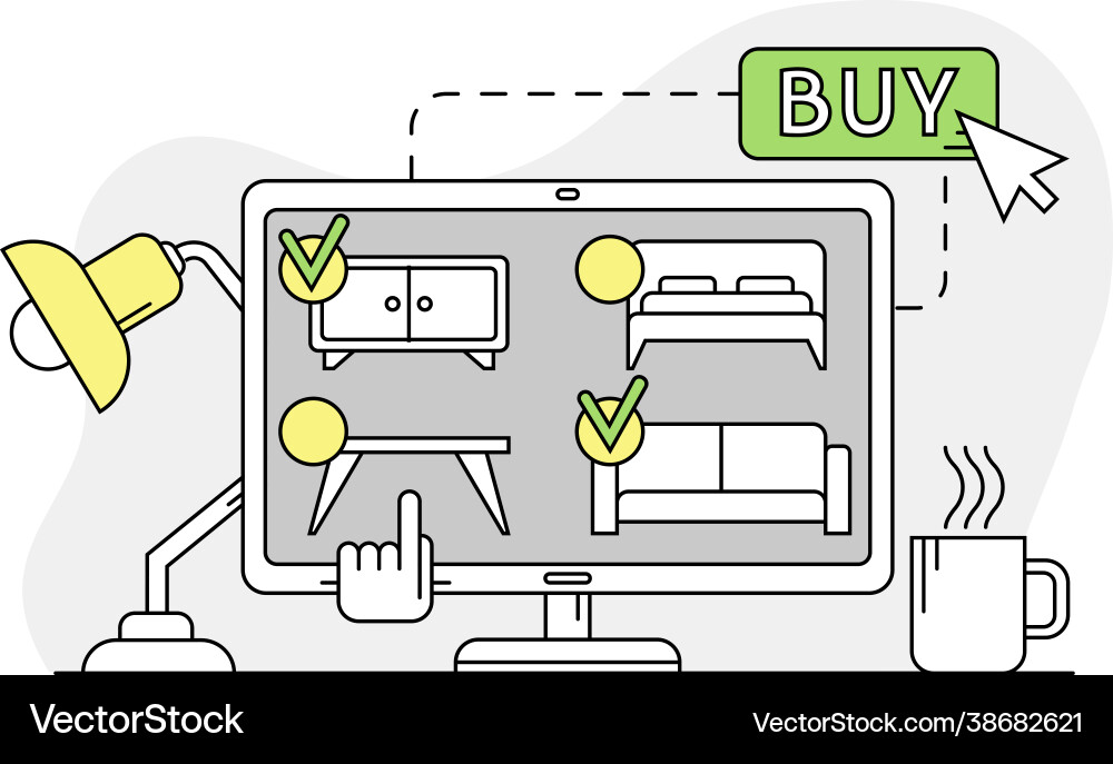Furniture buying with internet store and items Vector Image