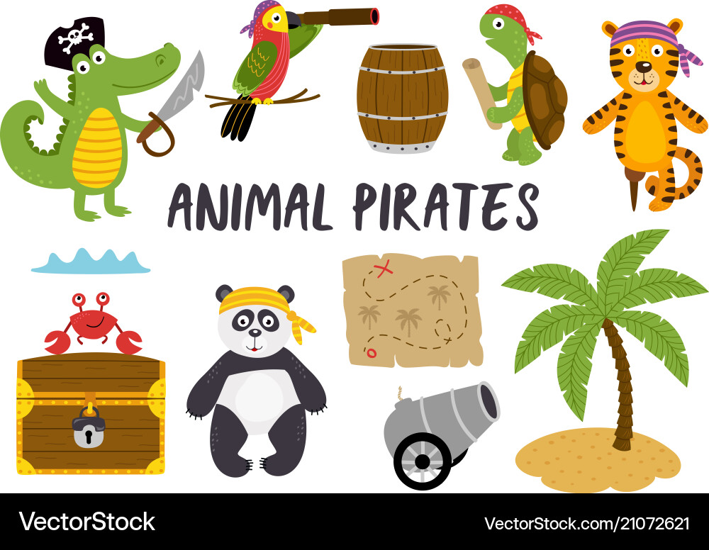 Set of isolated animals pirates and other elements