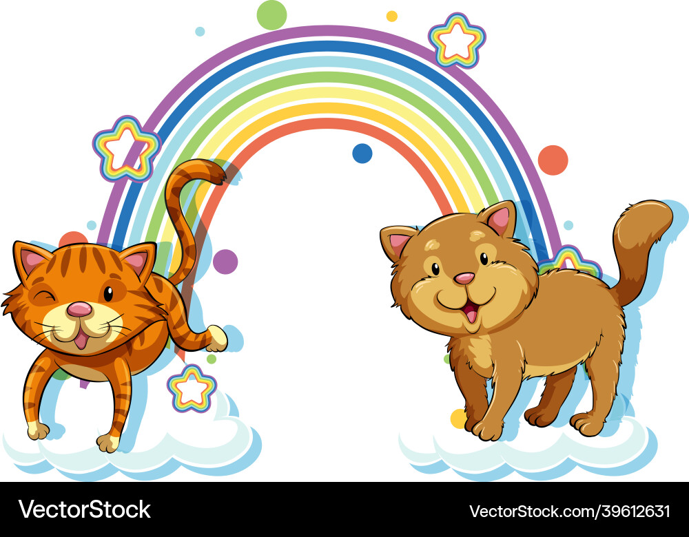 Two cats cartoon character with rainbow Royalty Free Vector