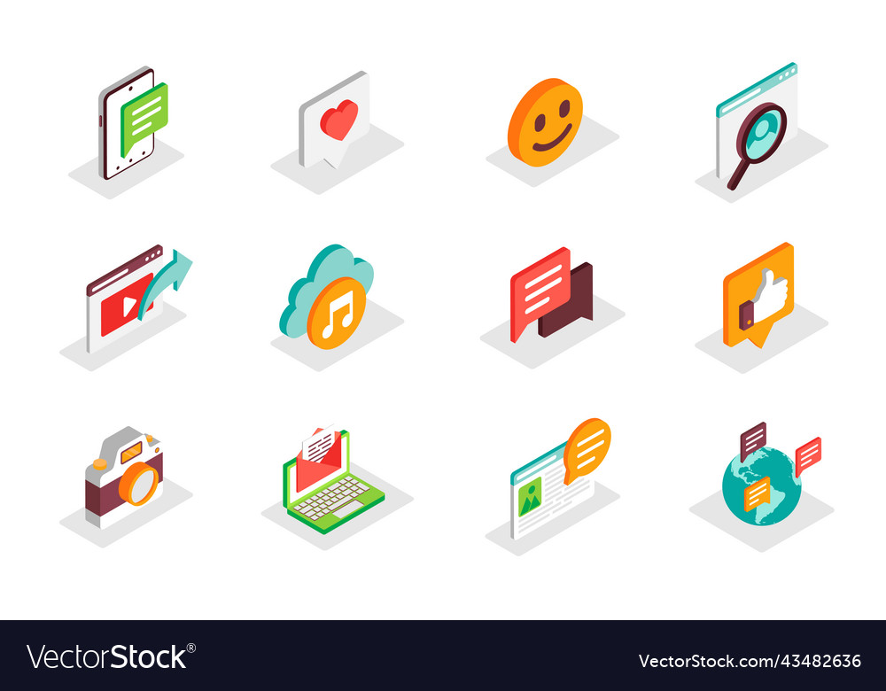 Social media concept 3d isometric icons set Vector Image