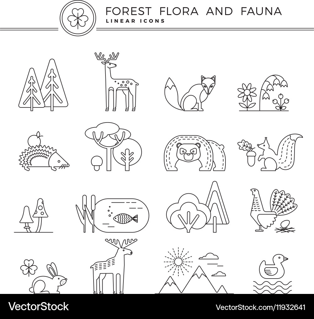 Linear icons forest flora and fauna Royalty Free Vector