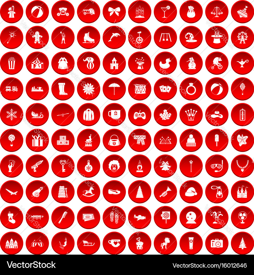 100 children icons set red Royalty Free Vector Image