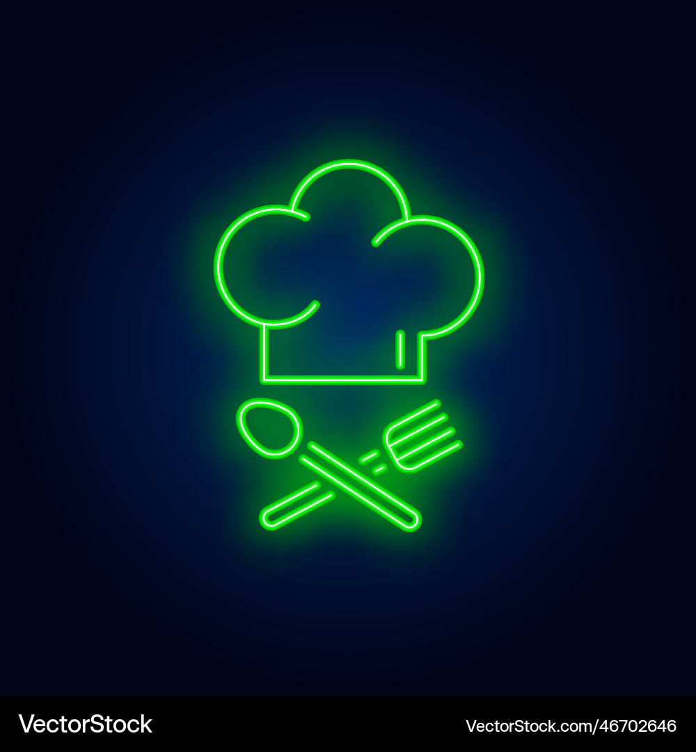 Chief cook hat and crossed spoon and fork neon Vector Image