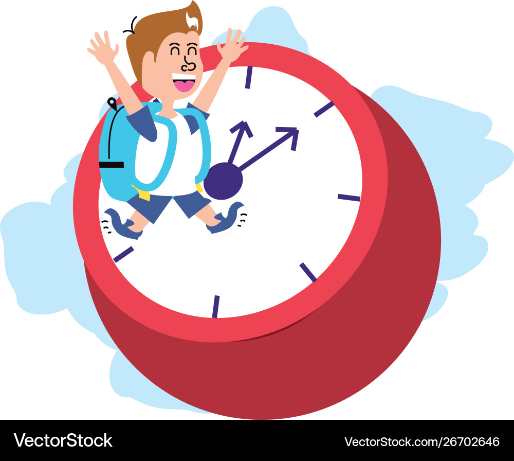 Cute little student boy with bag school and clock Vector Image