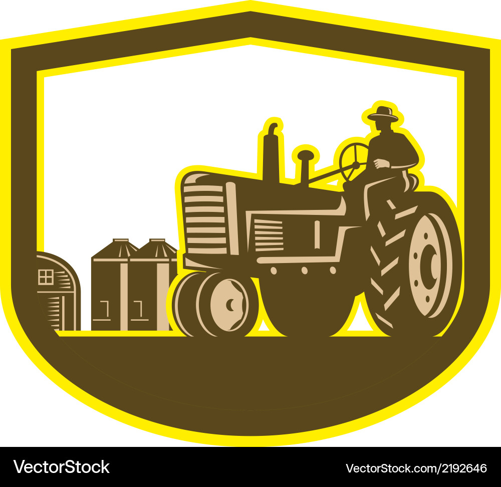 Farmer driving tractor plowing farm shield retro Vector Image