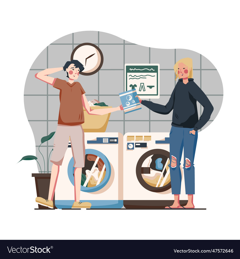 People doing laundry smiling female holding box Vector Image