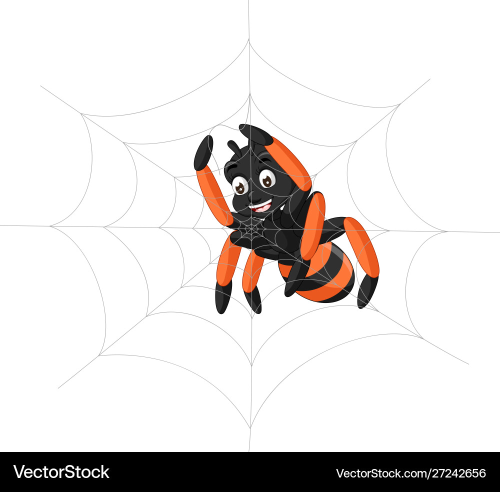 Cute black orange spider on web cartoon Royalty Free Vector