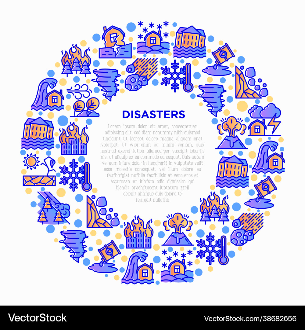 Disasters concept in circle with thin line icons Vector Image