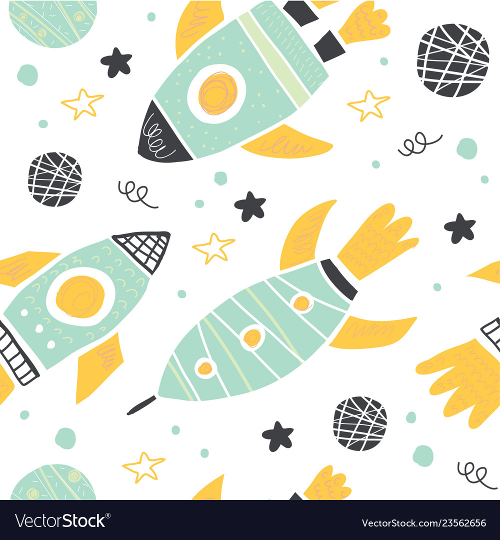 Seamless pattern with doodle rockets and planets Vector Image