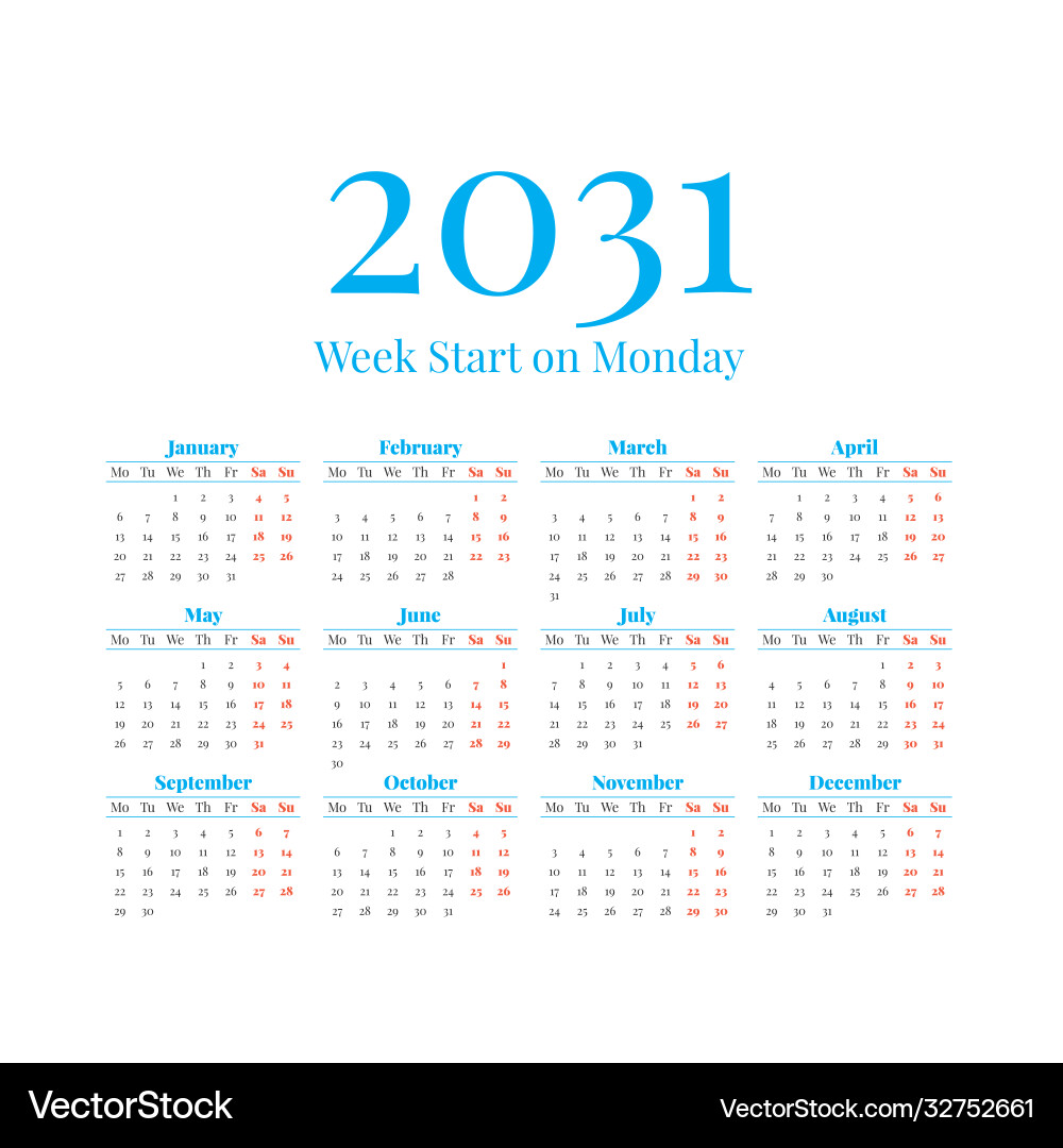 2031 calendar with weeks start on monday Vector Image