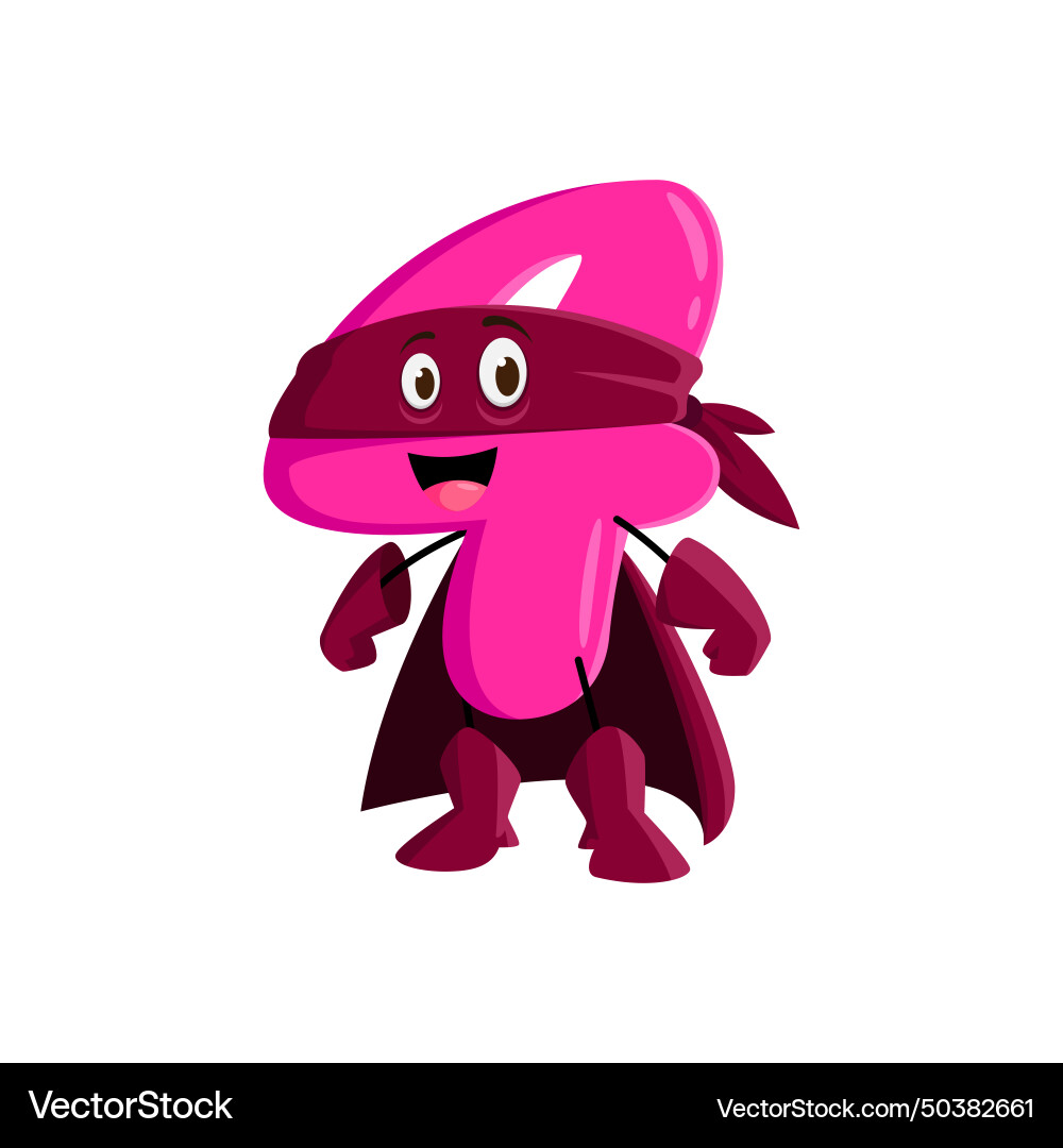 Cartoon math number four superhero character Vector Image