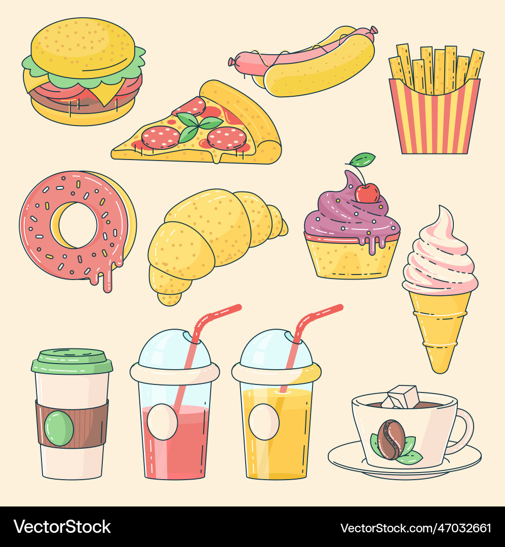Fast food meal icon set Royalty Free Vector Image