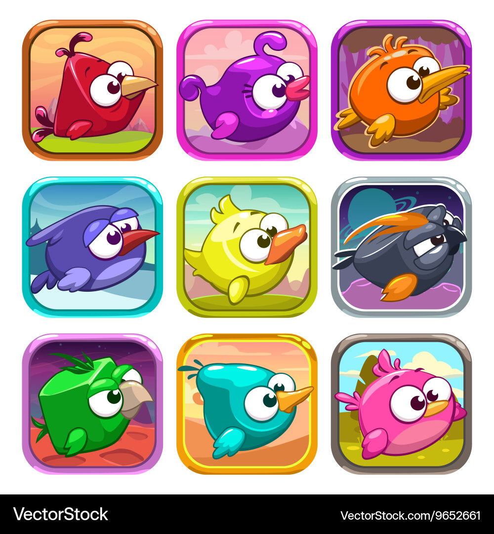 Funny cartoon birds app icons Royalty Free Vector Image