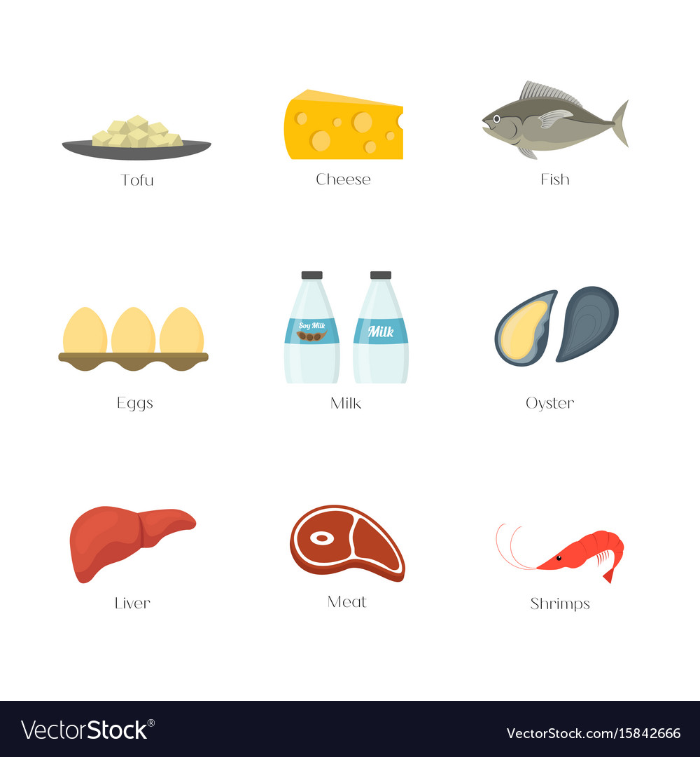 Cartoon food with vitamin b12 elements Royalty Free Vector