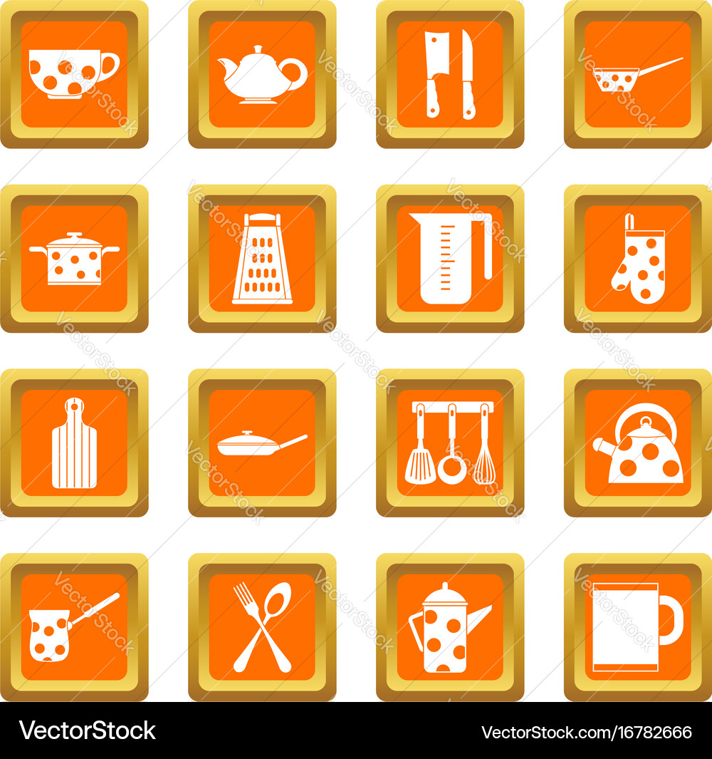 Kitchen tools and utensils icons set orange Vector Image