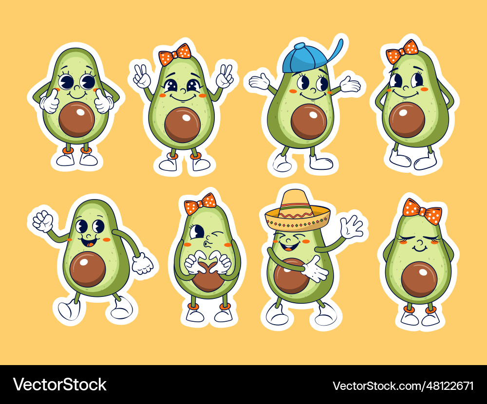 Cartoon avocados characters sticker pack Vector Image