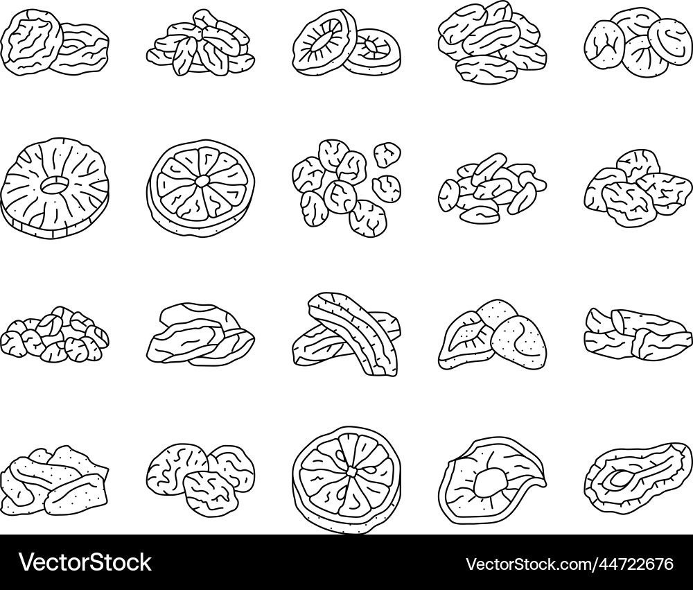 Dried fruit healthy snack icons set Royalty Free Vector