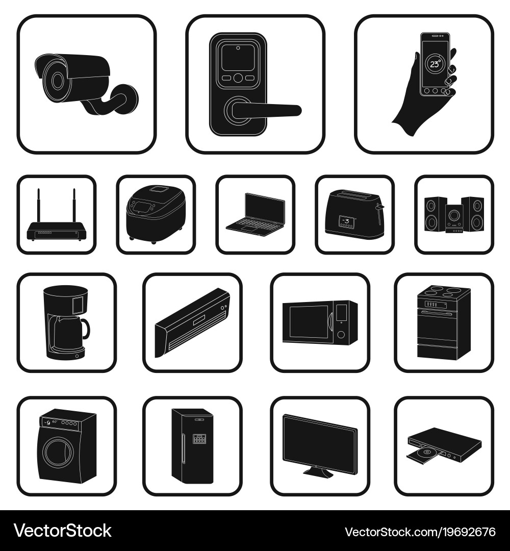 Smart home appliances black icons in set Vector Image