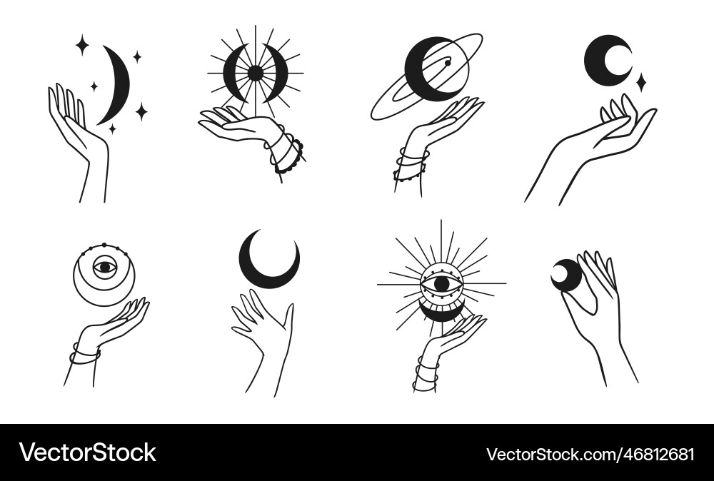 Moon eye in hands mystical logo set Royalty Free Vector