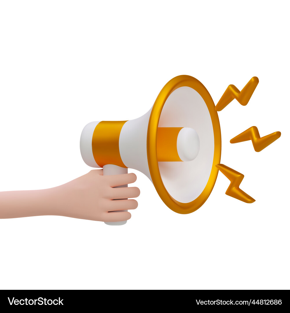 3d cartoon hand holding gold megaphone Royalty Free Vector