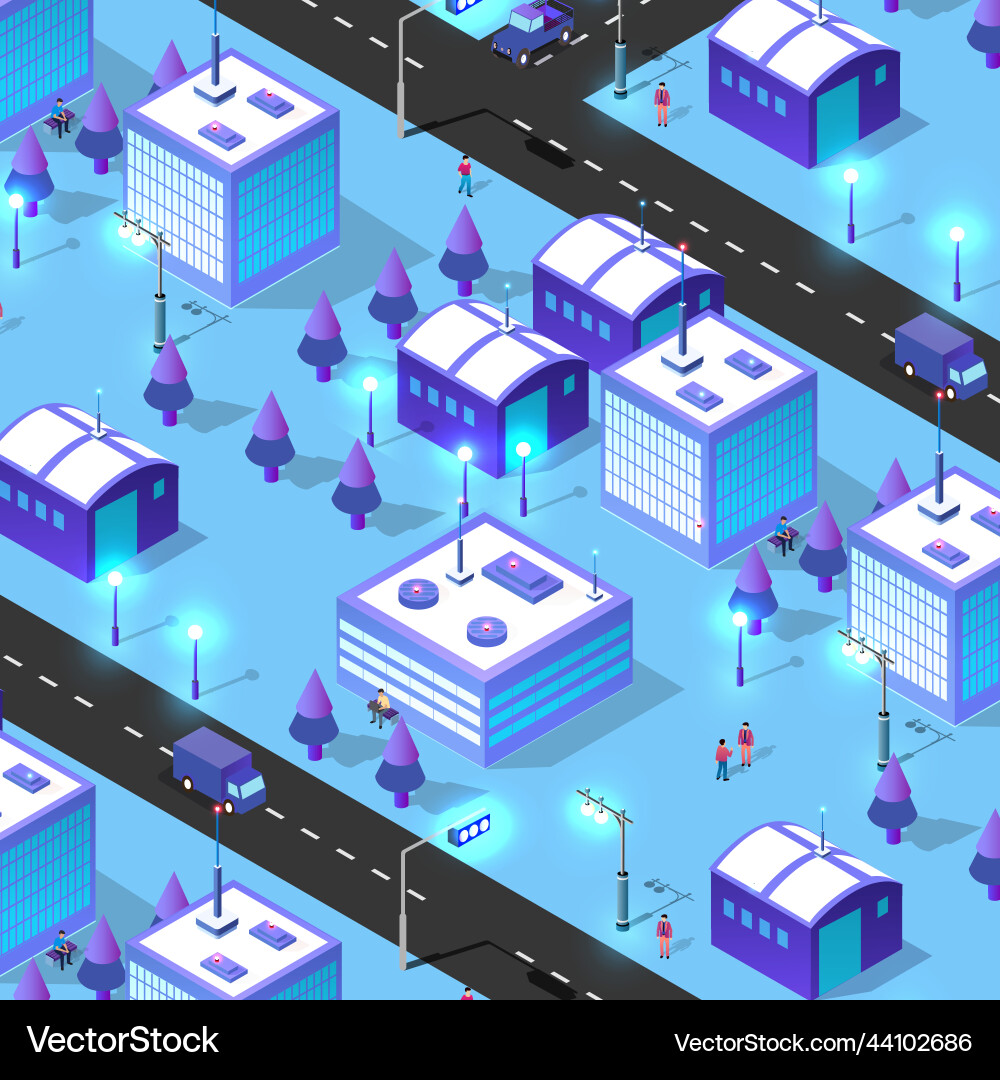 Night isometric smart blue ultraviolet city Vector Image