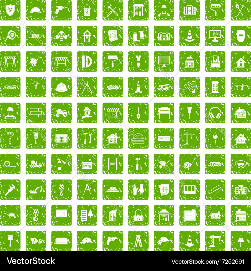 100 construction icons set grunge green Royalty Free Vector