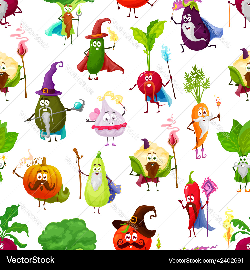 Cartoon vegetables fairy wizards seamless pattern Vector Image
