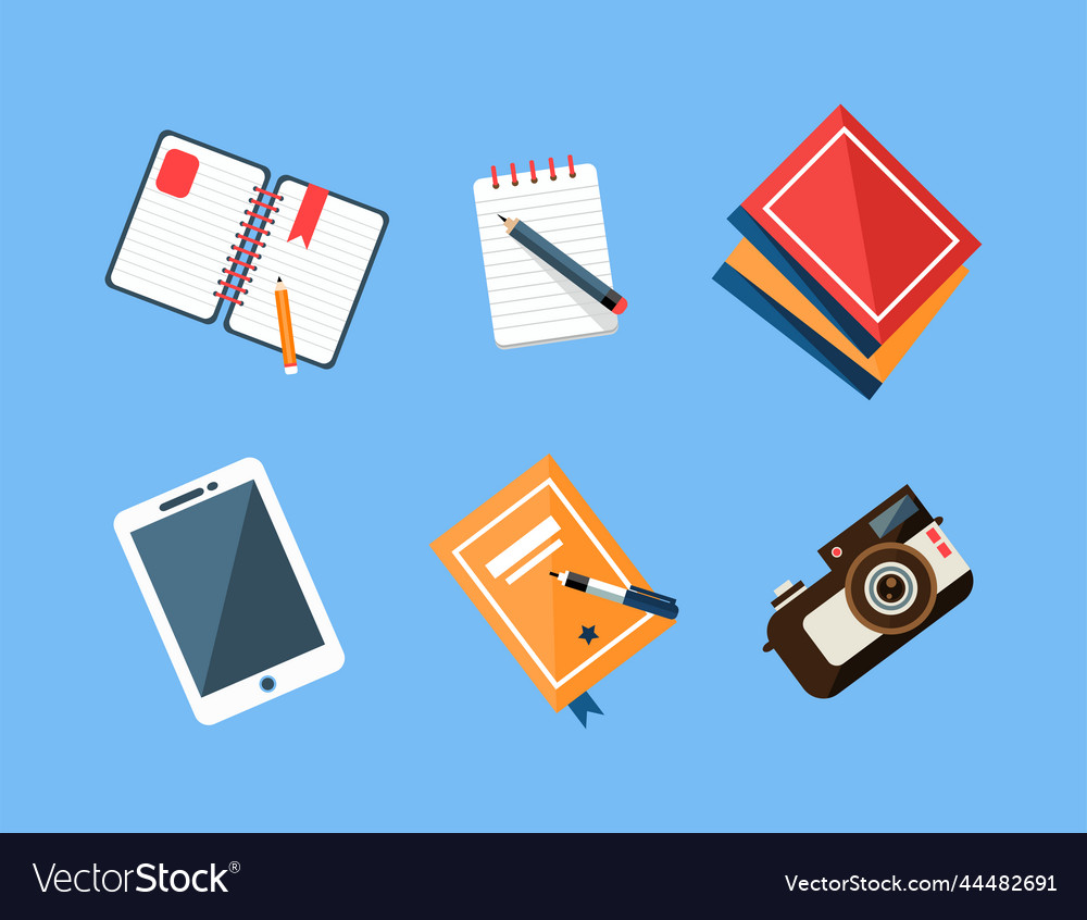 Workspace items with camera tablet notepad Vector Image