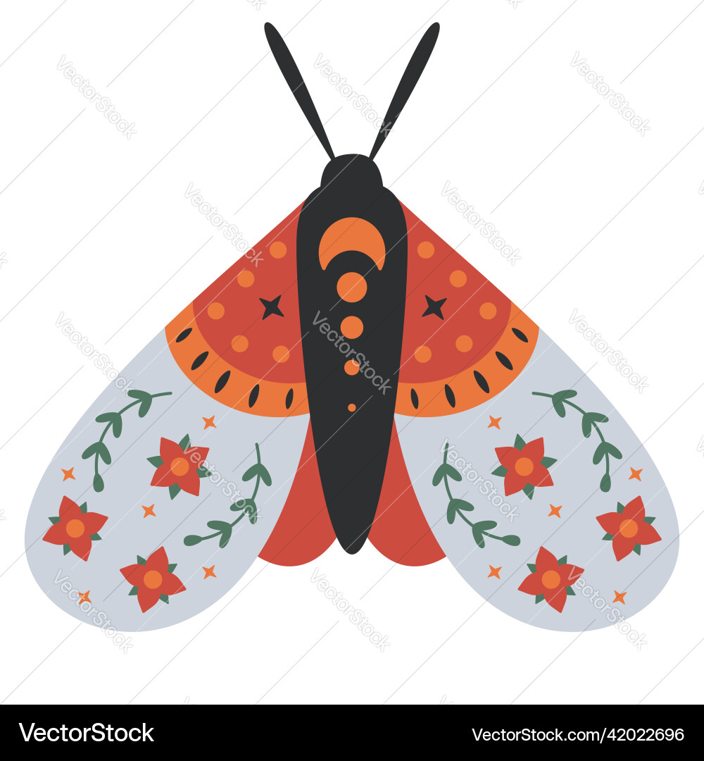Folk style grey red moth decorative graphic art Vector Image