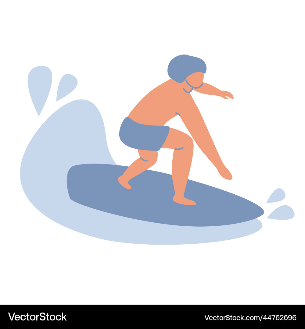 Surfer character in wetsuit riding on ocean wave Vector Image