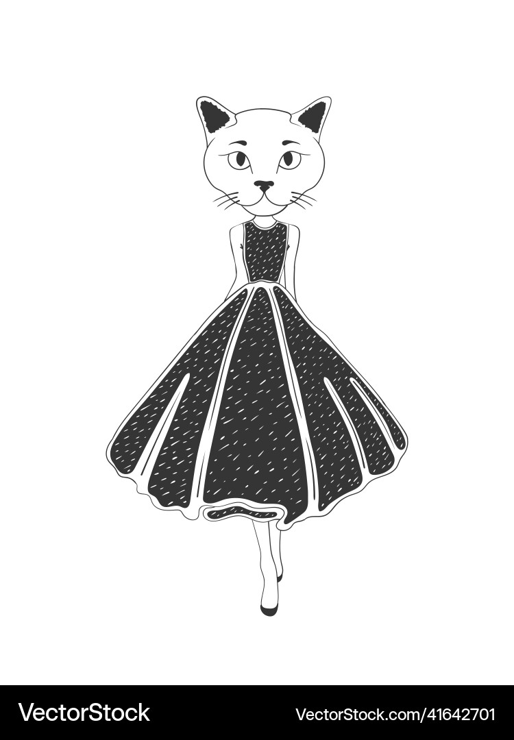 Drawn cat in dress sketch style image Royalty Free Vector