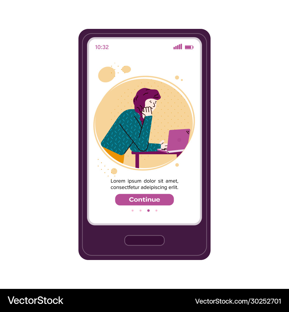 Mobile app screen with cartoon woman using laptop Vector Image