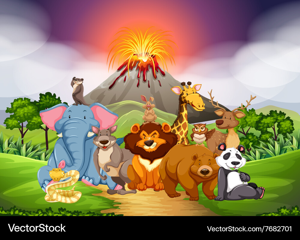 Wild animals in the field with volcano background Vector Image