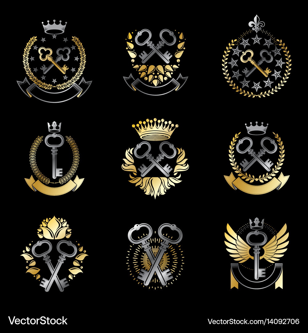 Ancient keys emblems set heraldic coat of arms Vector Image