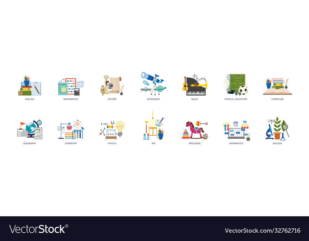 Education icons school lesson subjects set flat Vector Image