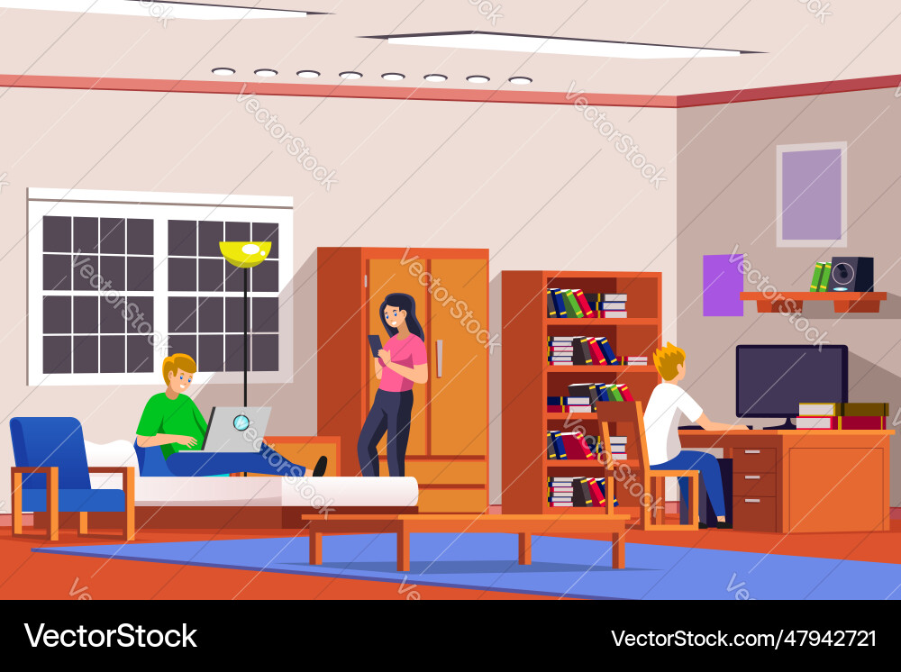College students in a college dorm room Royalty Free Vector