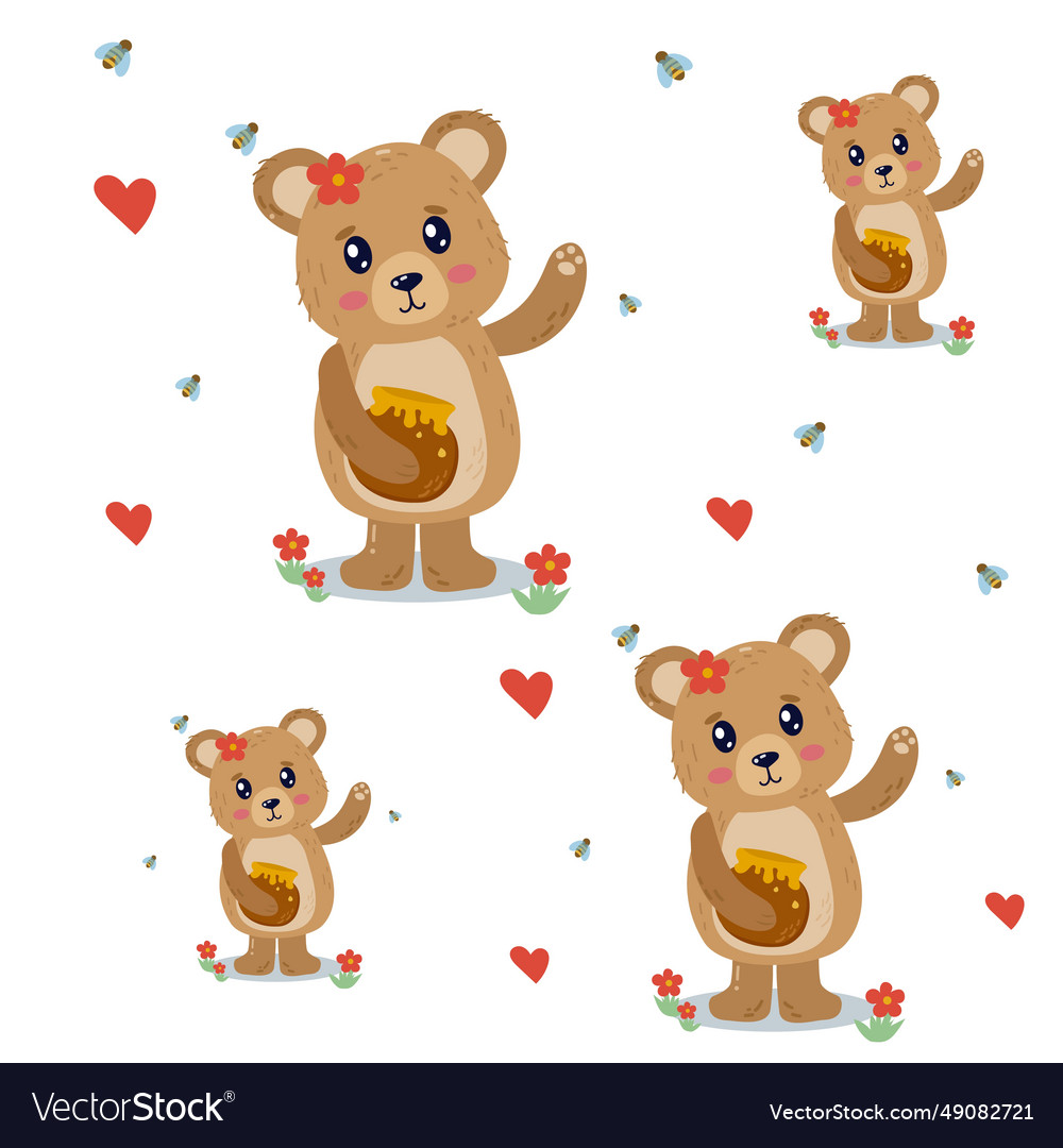 Pattern cute bear character with honey pot Vector Image