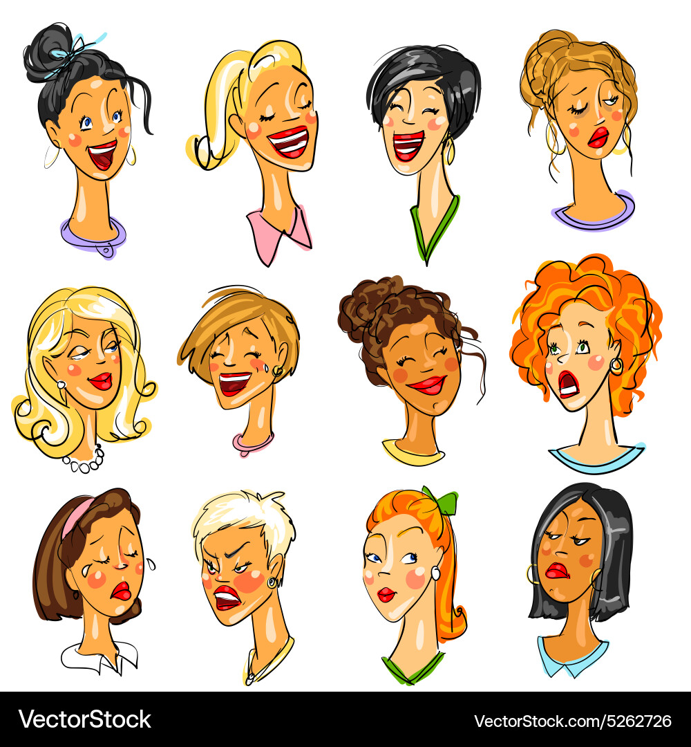 Female faces - set of expressions Royalty Free Vector Image