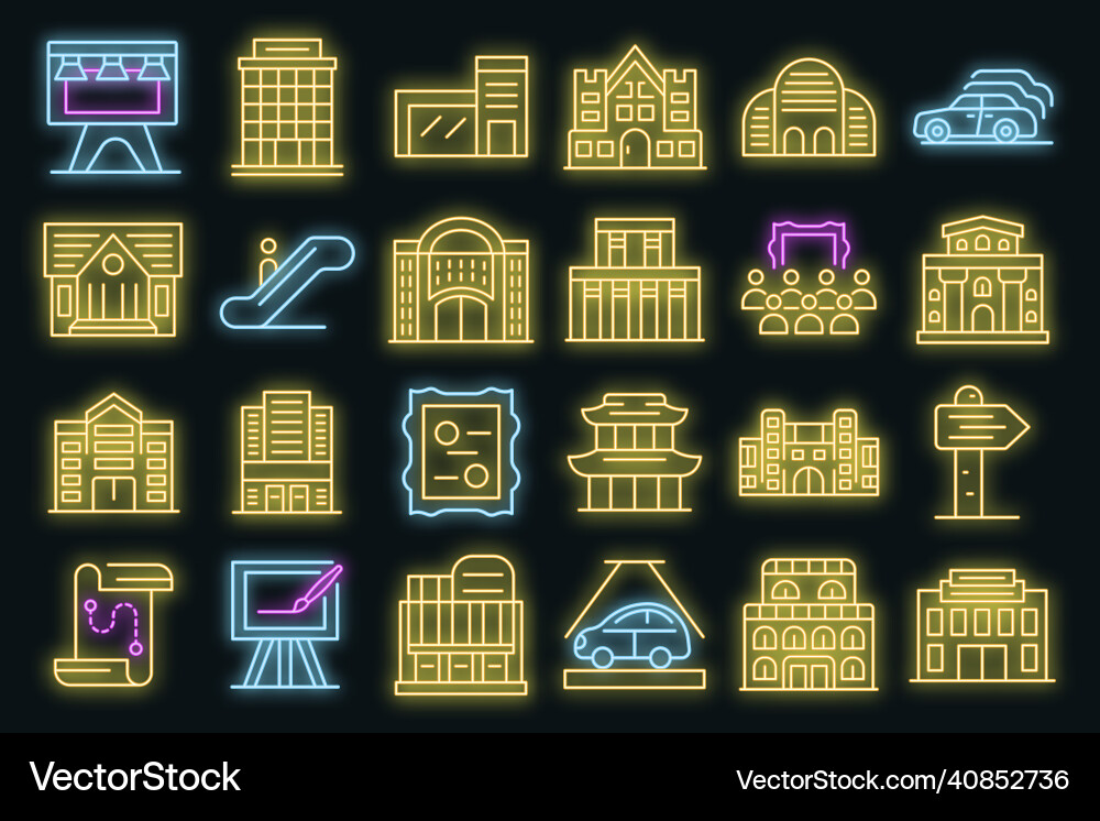Exhibition center icons set neon Royalty Free Vector Image