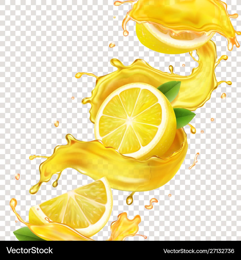Lemons in yellow juice splash realistic Royalty Free Vector