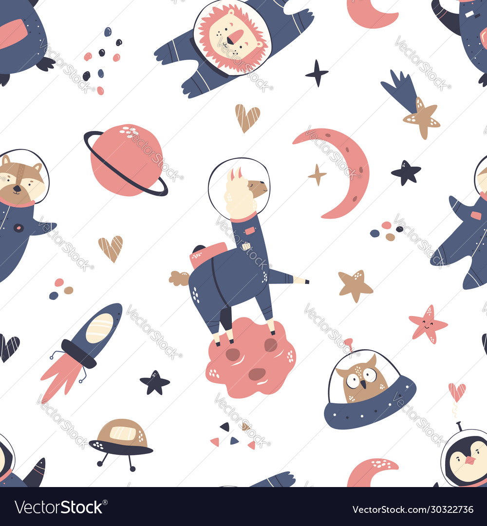 Seamless pattern with animals and space elements Vector Image