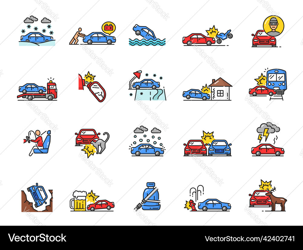 Car crash line icons damage collision failure Vector Image