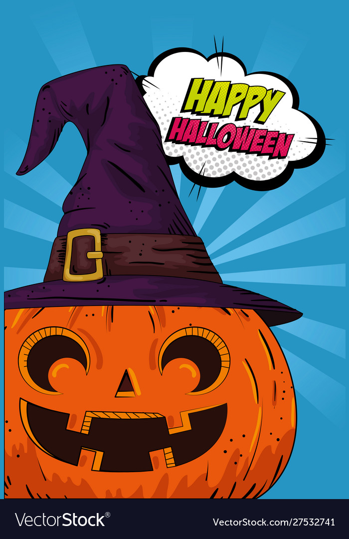 Halloween pumpkin with hat witch pop art style Vector Image