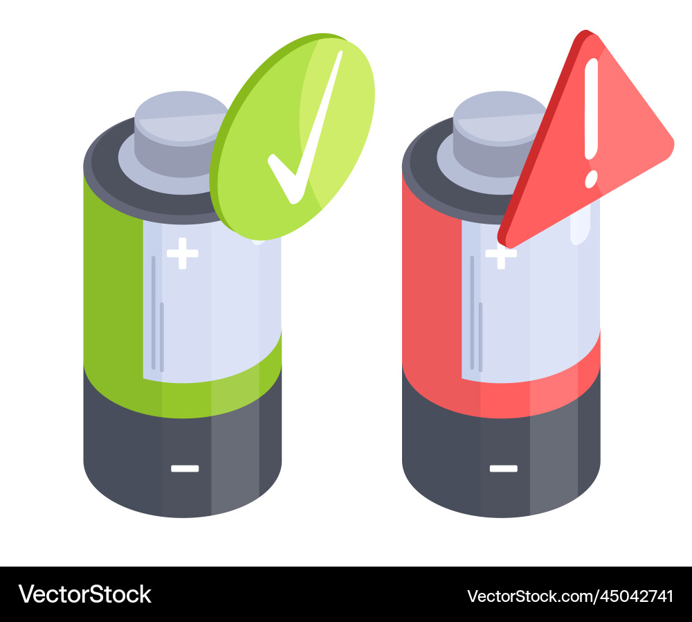 Isometric charged and dead alkaline battery 3d Vector Image
