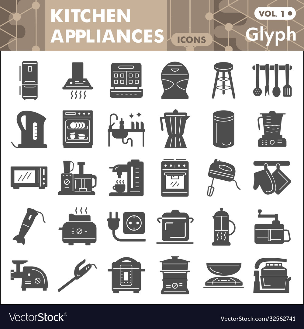 Kitchen appliances solid icon set kitchenware Vector Image