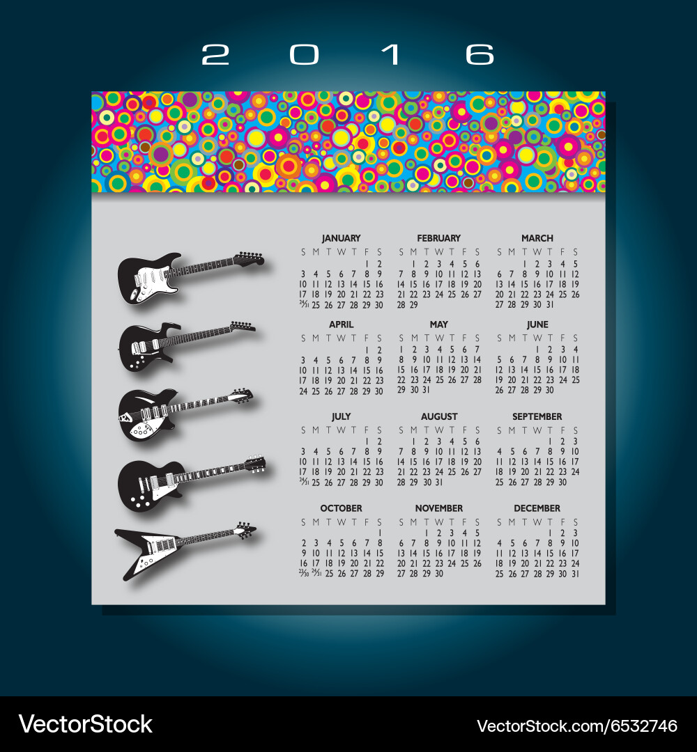 2016 colorful guitar calendar Royalty Free Vector Image
