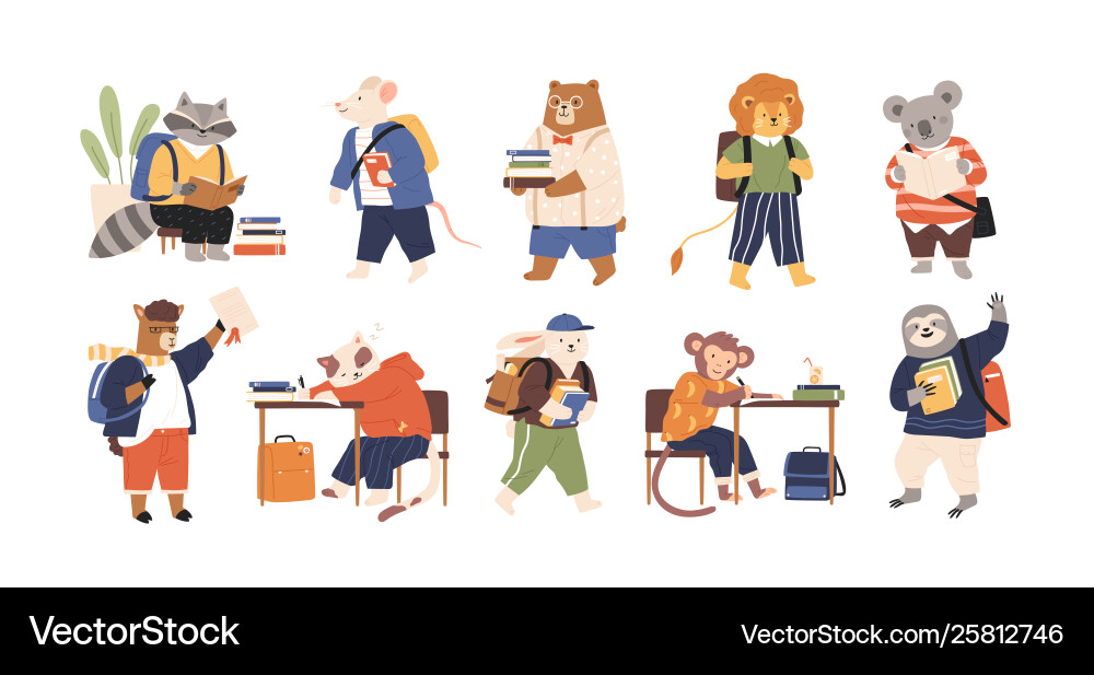 Collection adorable animals students or pupils Vector Image