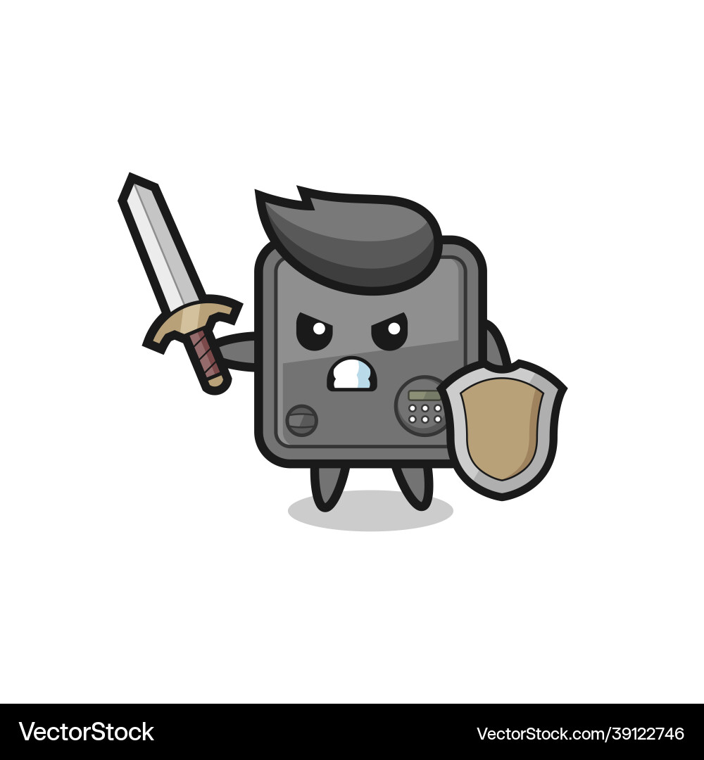Cute safe box soldier fighting with sword Vector Image