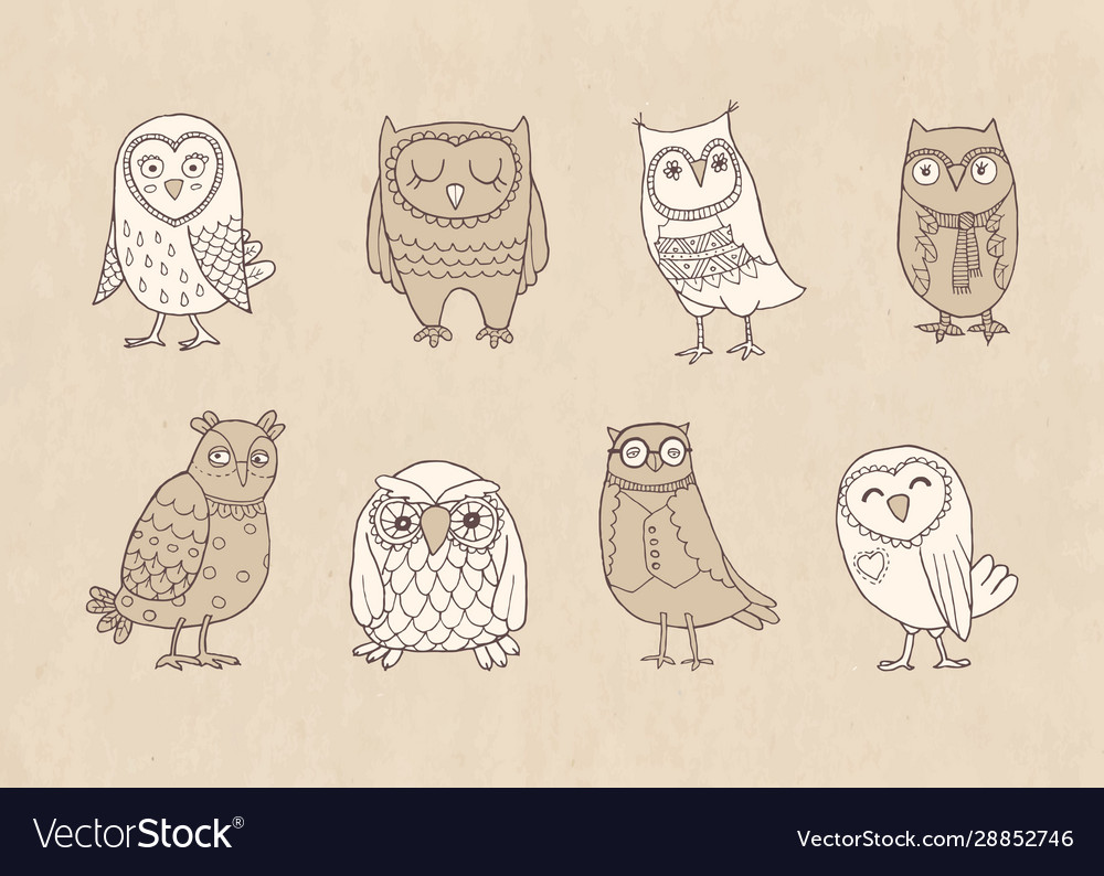 Set line owls stylized hand drawing Royalty Free Vector